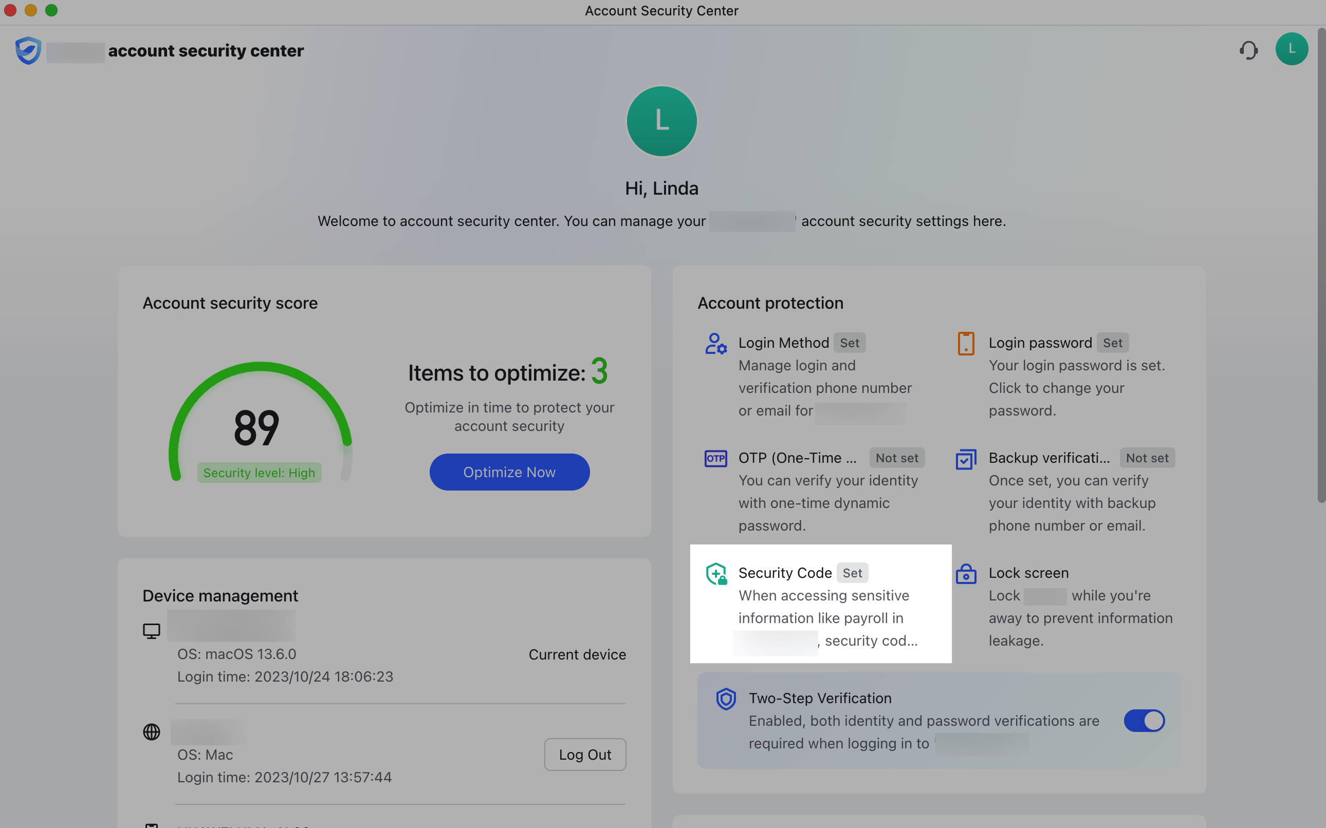 Set or change security code