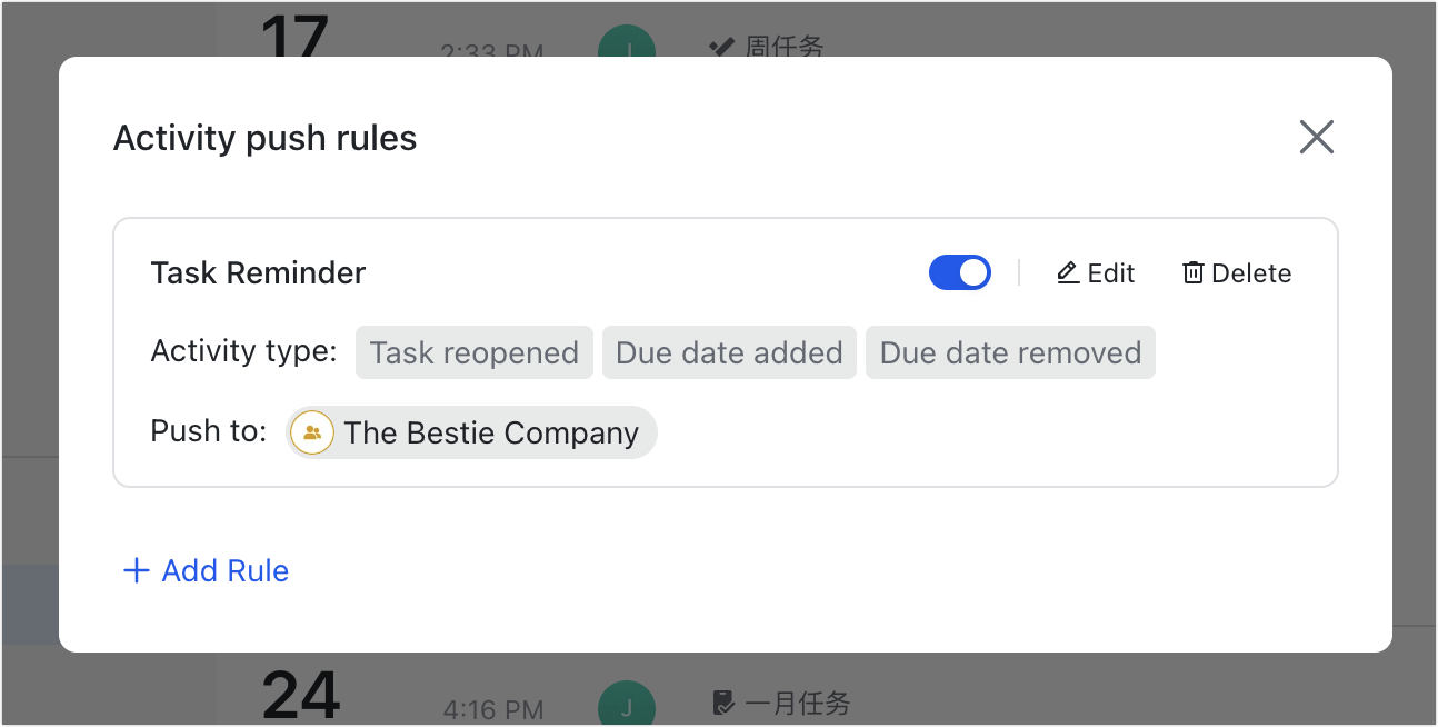 View task list activities and configure push rules