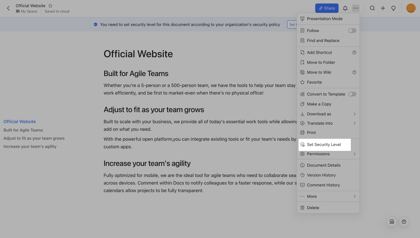 Set security levels for documents